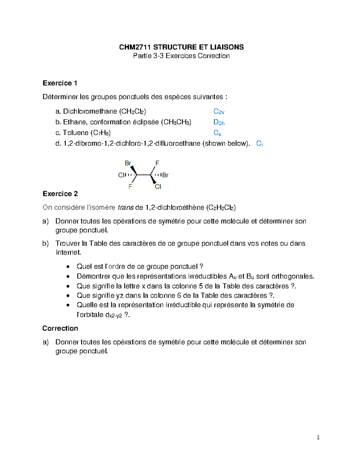 CHM2711 STRUCTURE ET LIAISONS Exercices Correction Partie 3-3 - Studocu