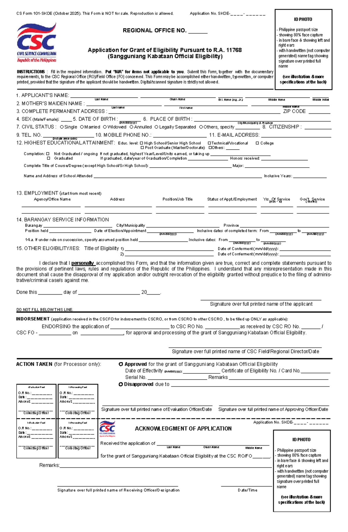 CS Form 101-SKOE: Application for Sangguniang Kabataan Eligibility ...