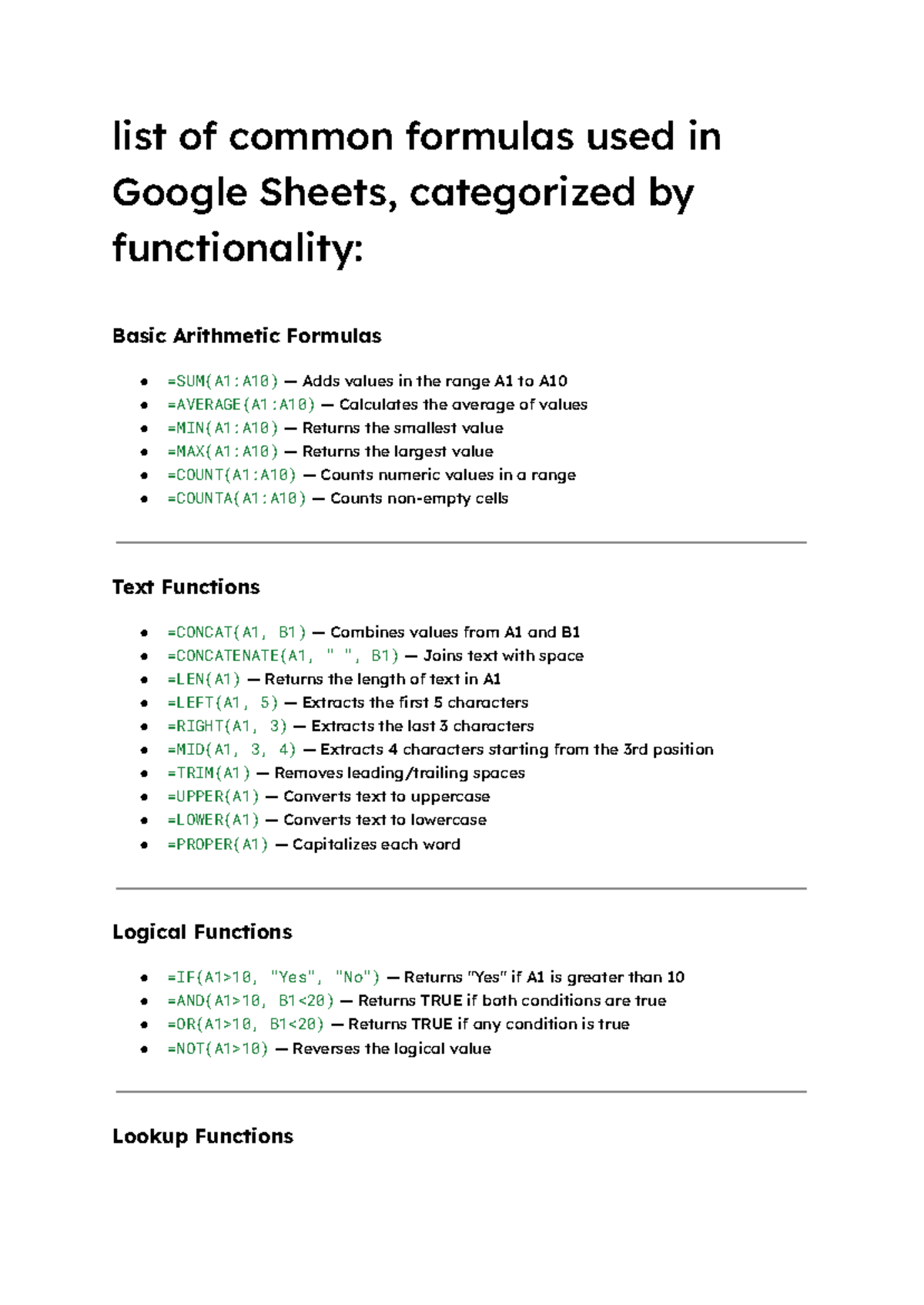 Common Google Sheets Formulas for Students: A Quick Reference Guide ...