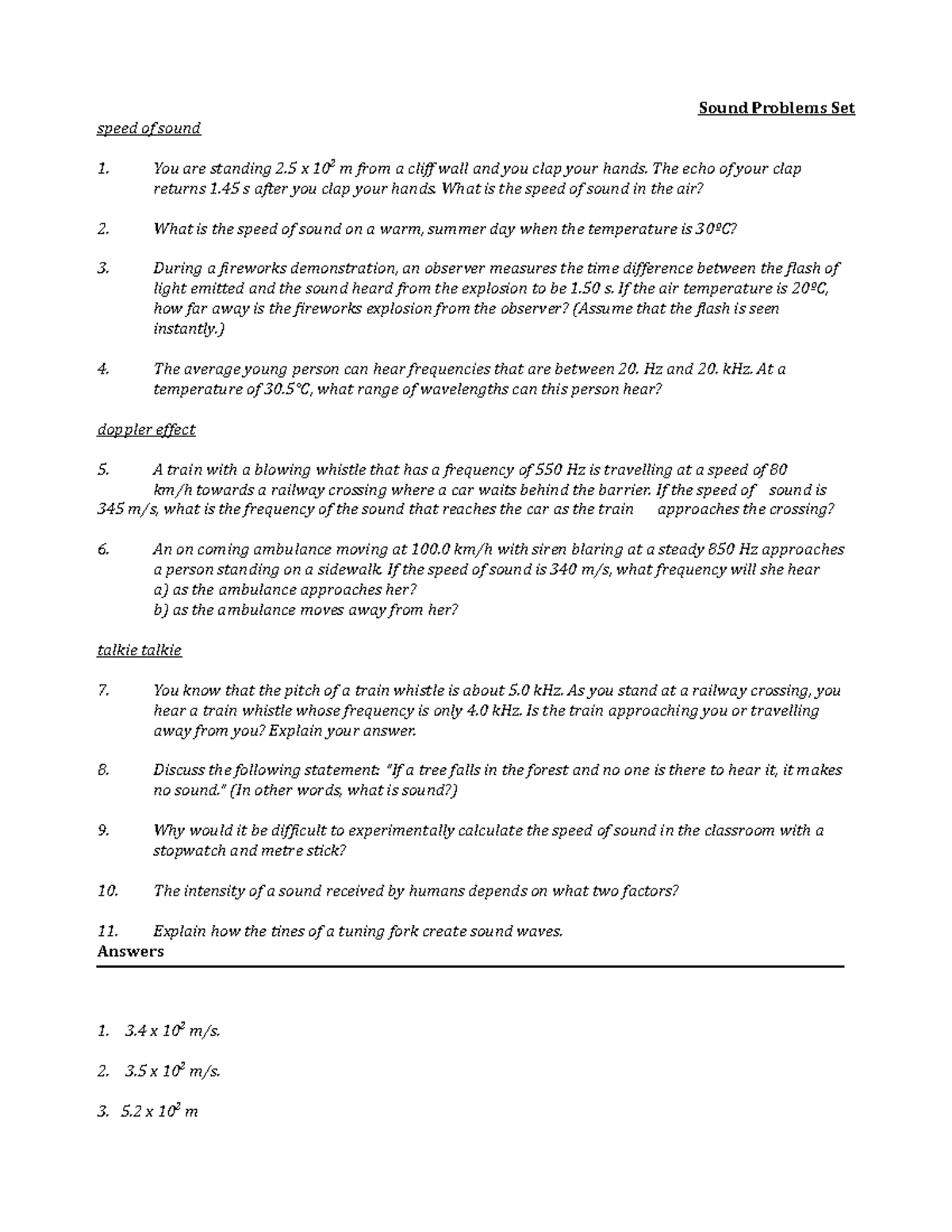 Grade 11 Physics SPH3U Sound and Wave Problems - Sound Problems Set ...