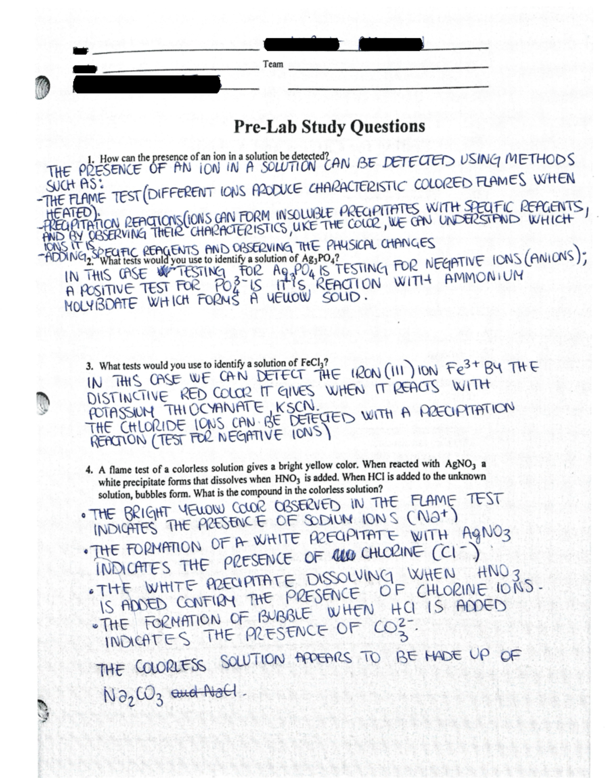 Testing for Cations and Anions pre-lab questions - Team Study Questions ...