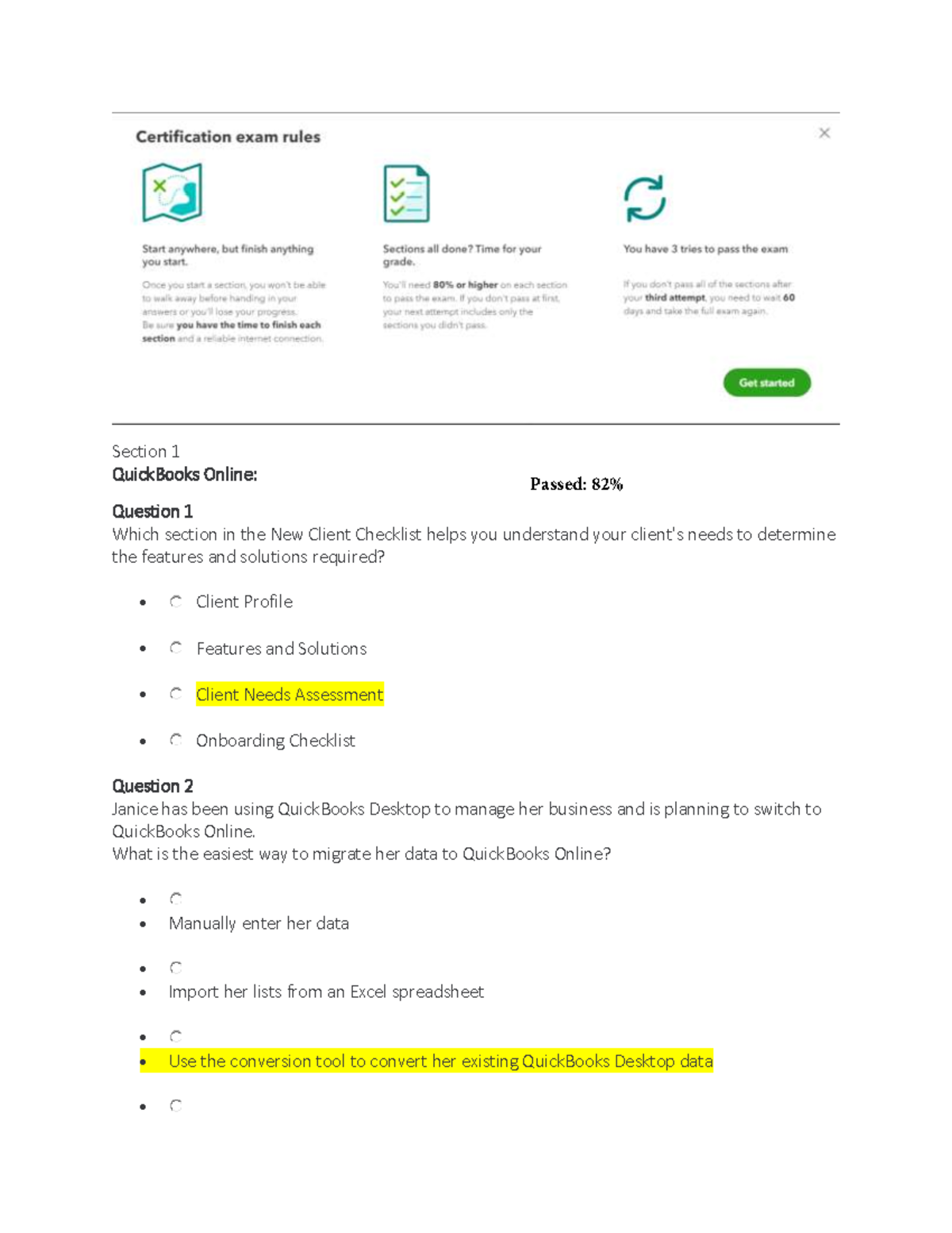 QuickBooks Online: Section 1 Review Summary - Passed 82% - Studocu
