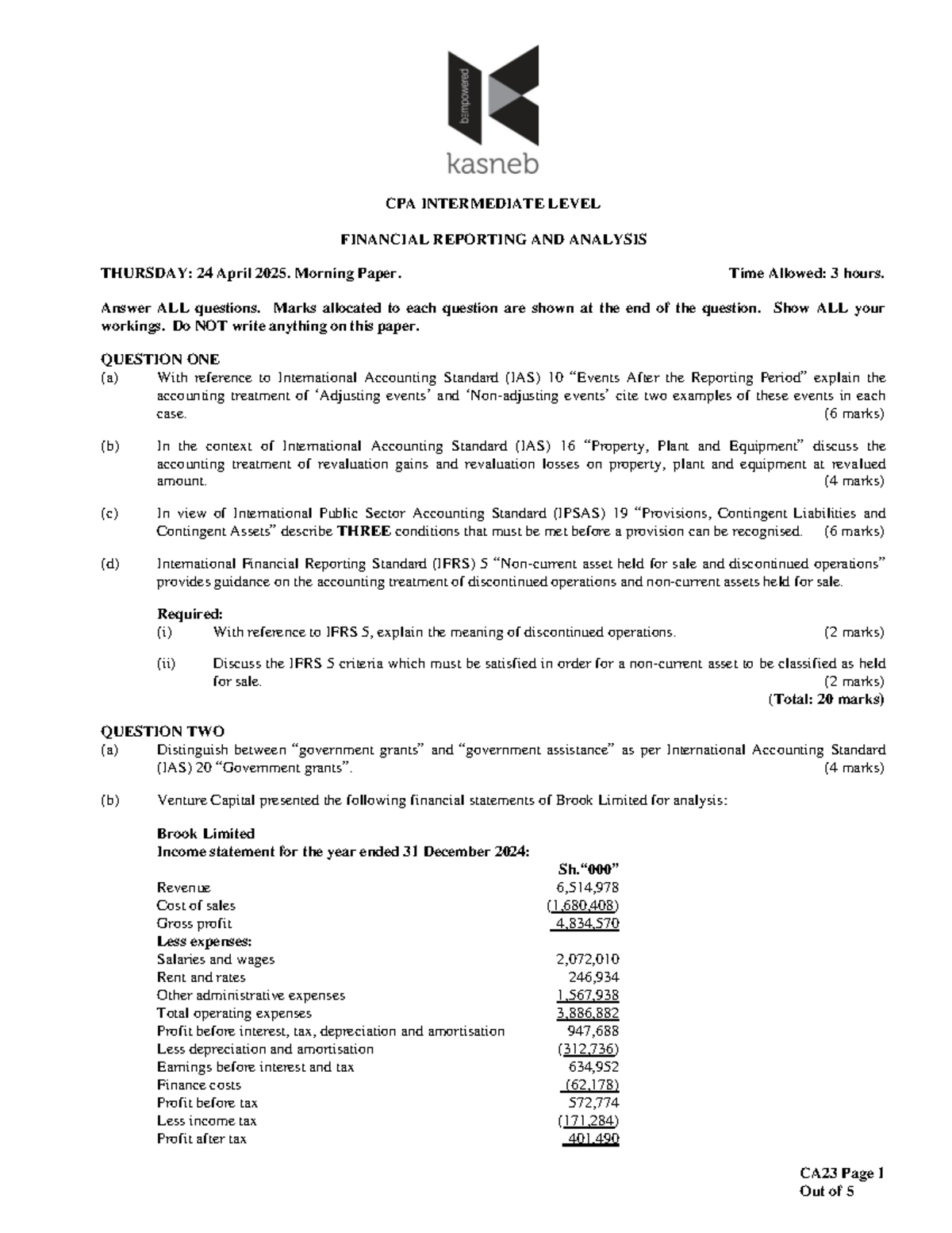 CPA CA23 Intermediate Level Financial Reporting & Analysis Exam - April ...