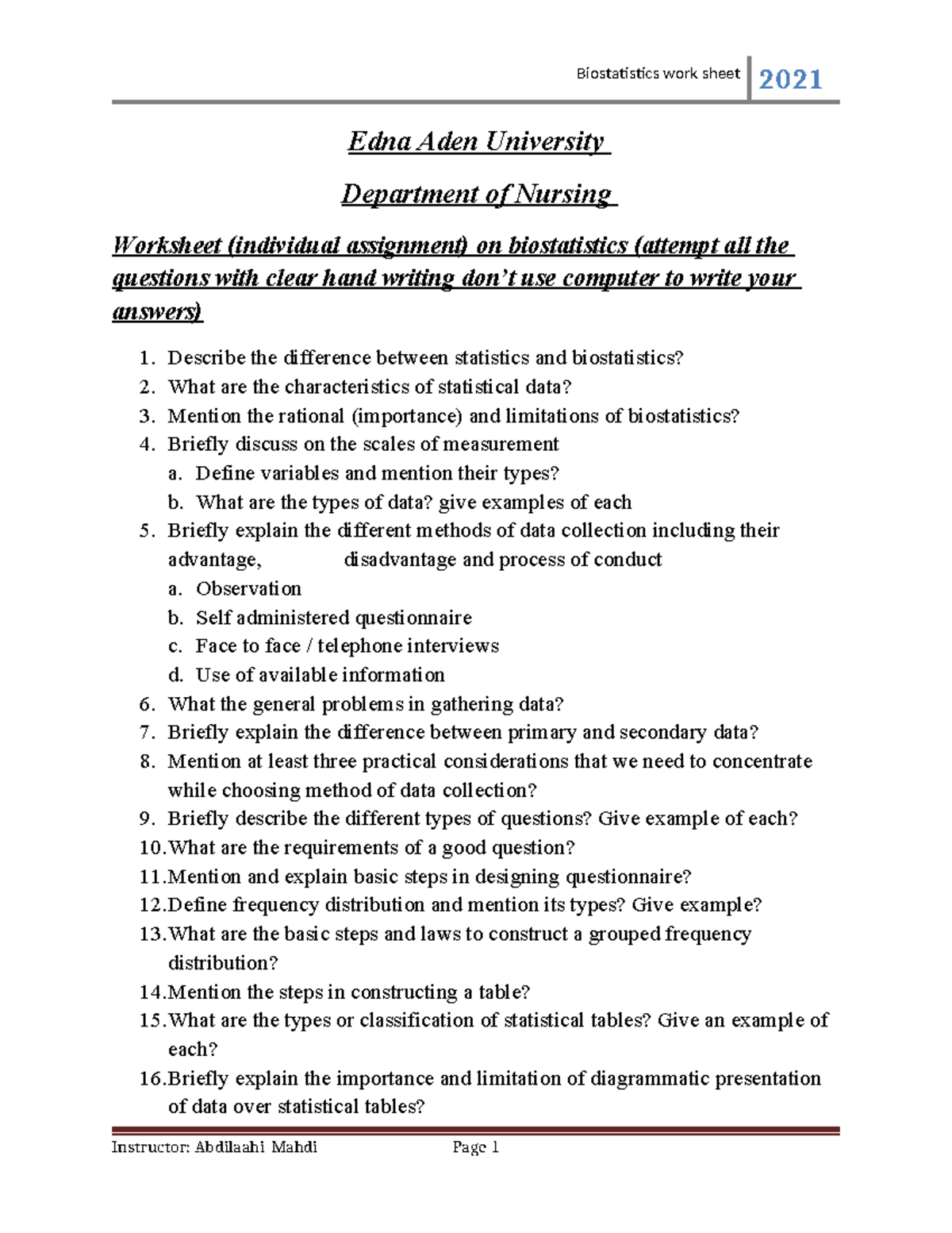 NUR 101: Biostatistics Individual Assignment Worksheet for 2021 - Studocu