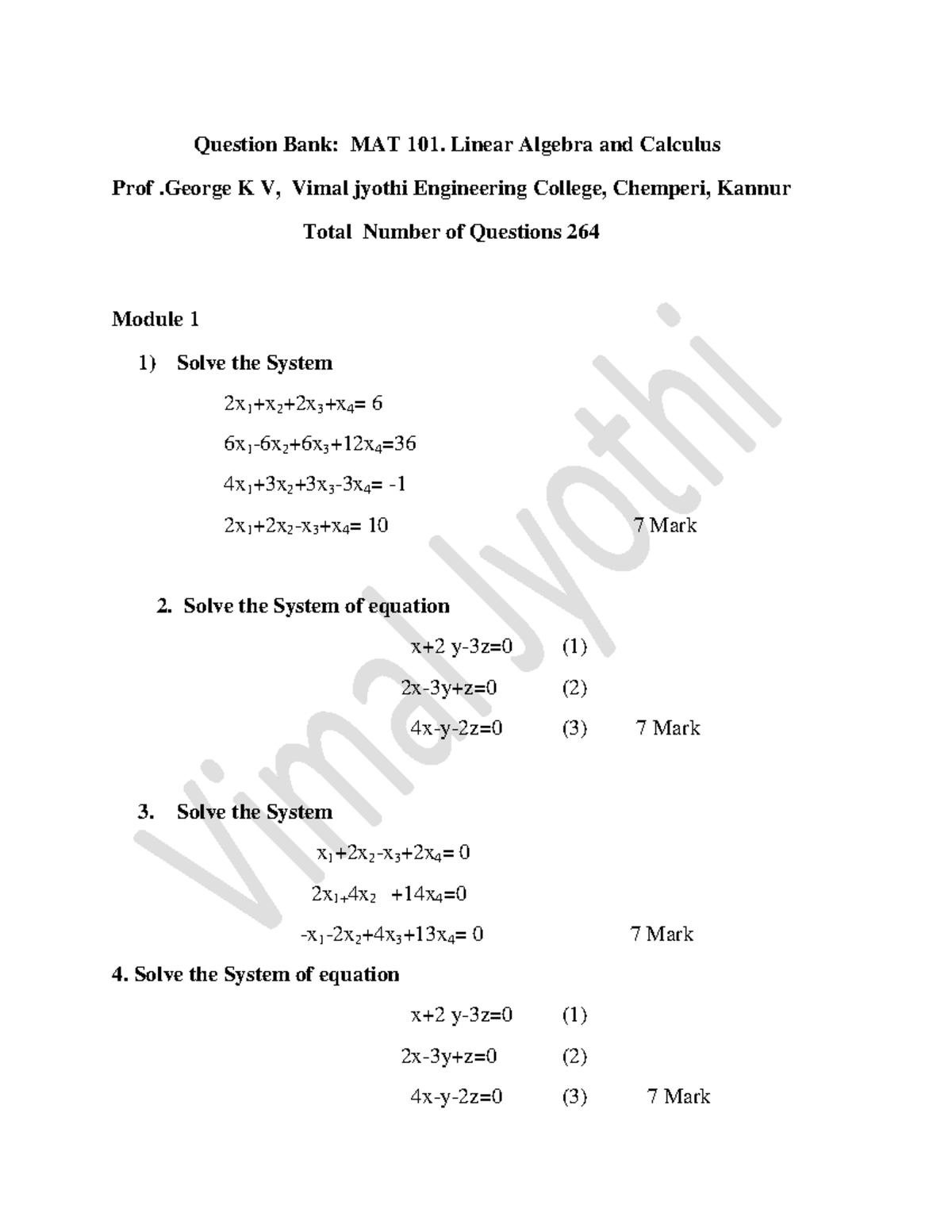 Question Bank MAT 101: Linear Algebra & Calculus Notes - Studocu