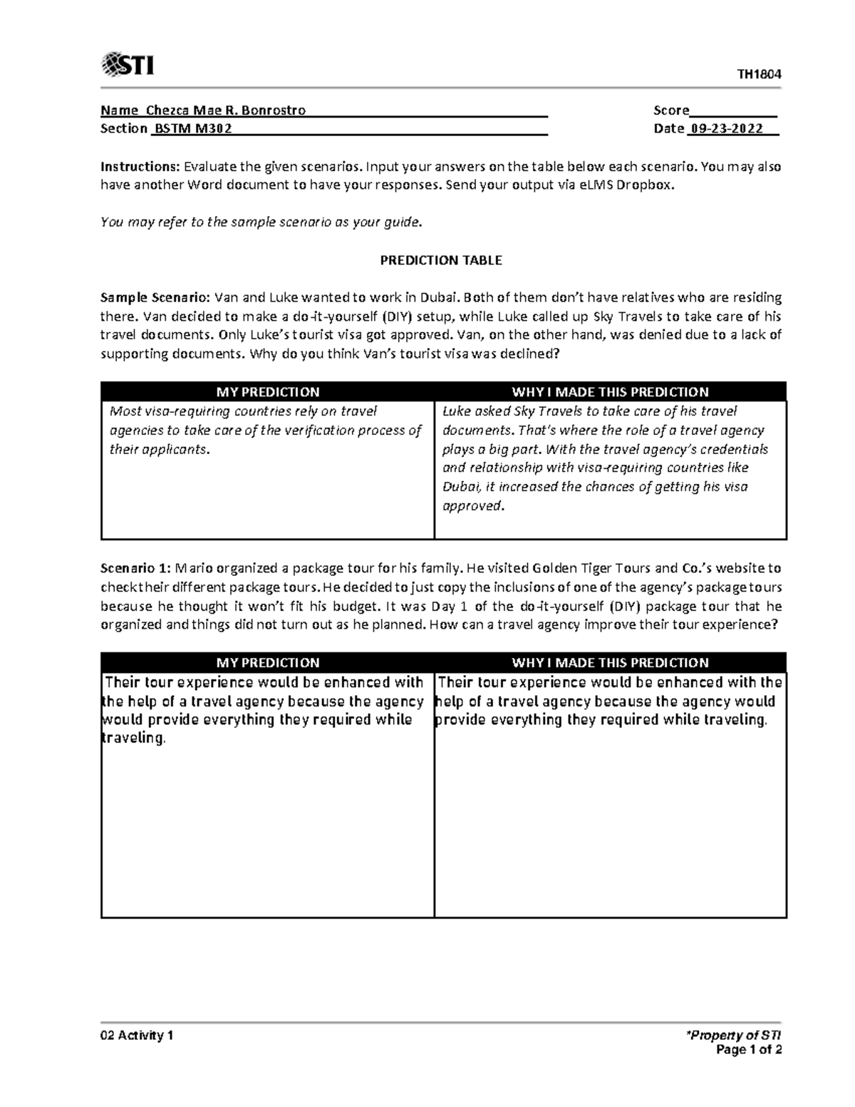 BSTM 02 Activity 1: Evaluating Travel Scenarios and Predictions - Studocu