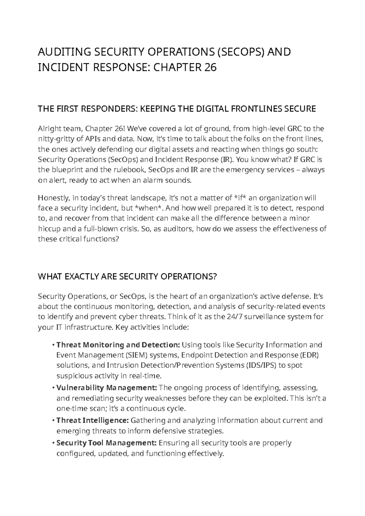 AUDITING SECURITY OPERATIONS (SECOPS) & INCIDENT RESPONSE: CH 26 OVERVIEW - Studocu