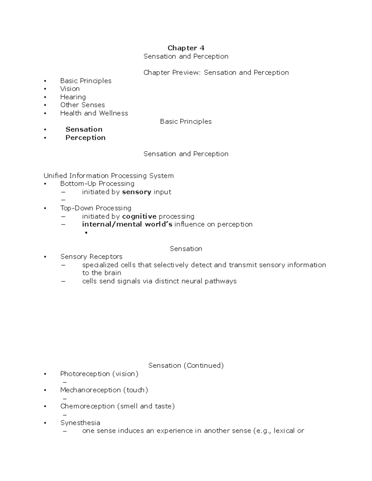 Sensation and Perception: Chapter 4 Overview and Key Concepts - Studocu