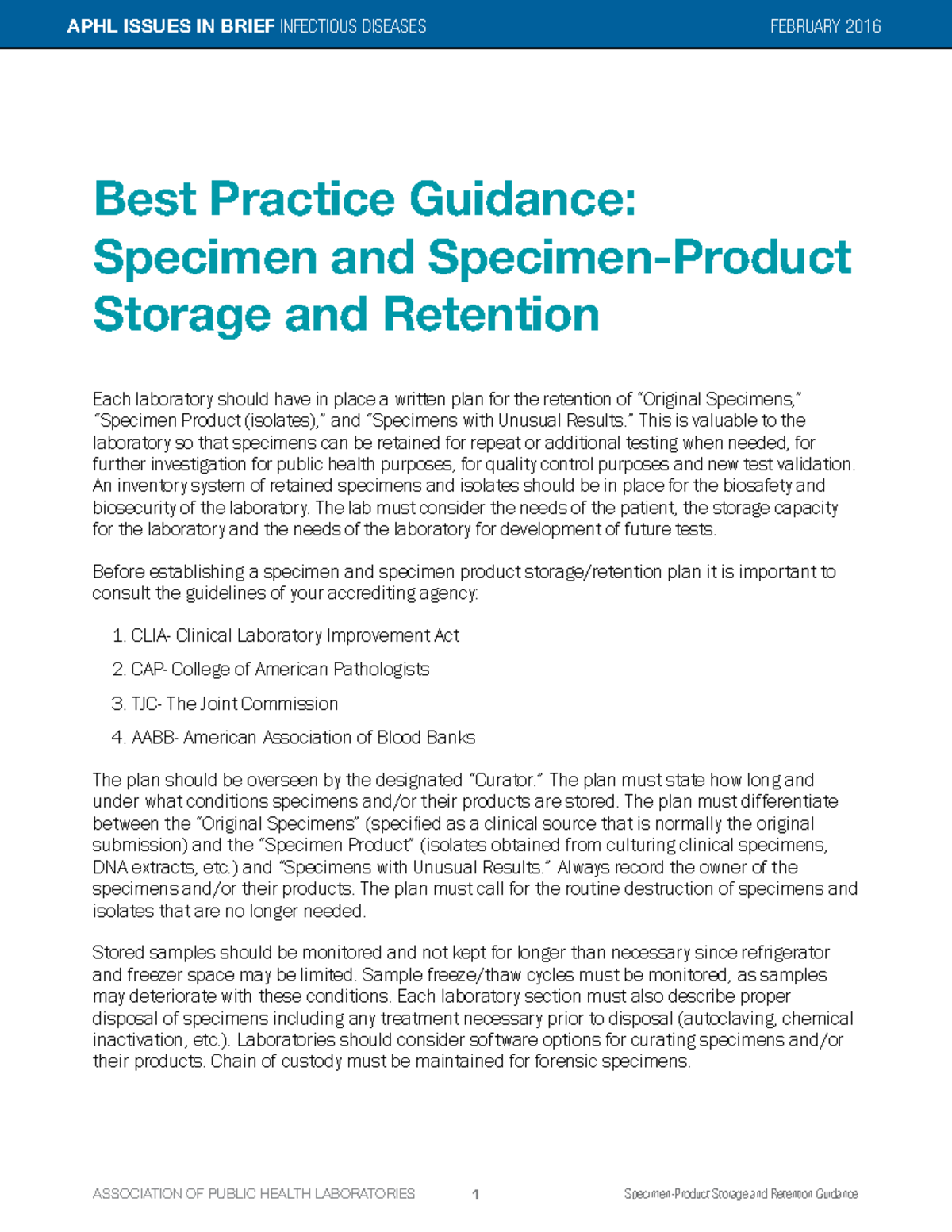 APHL Storage & Retention Guidance for Specimens - Feb 2016 - Studocu