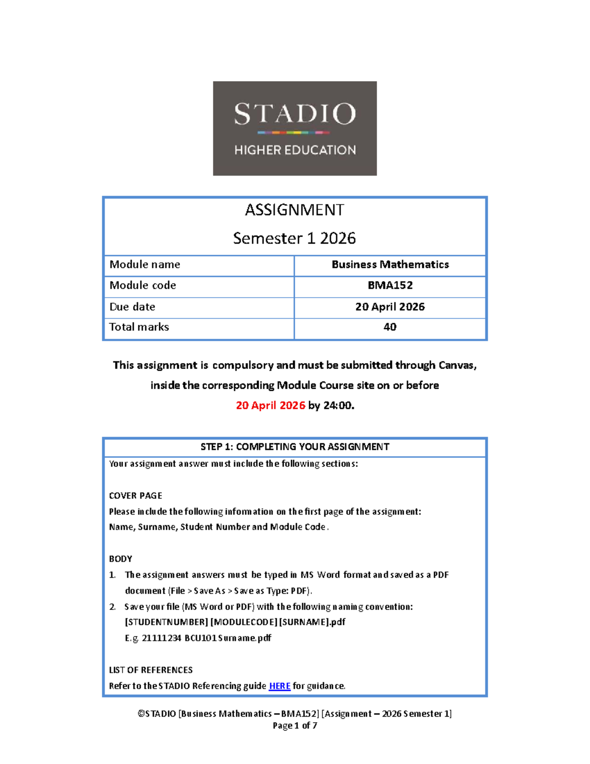 BMA152 2026 Assignment: Business Mathematics Guidelines and Tasks - Studocu