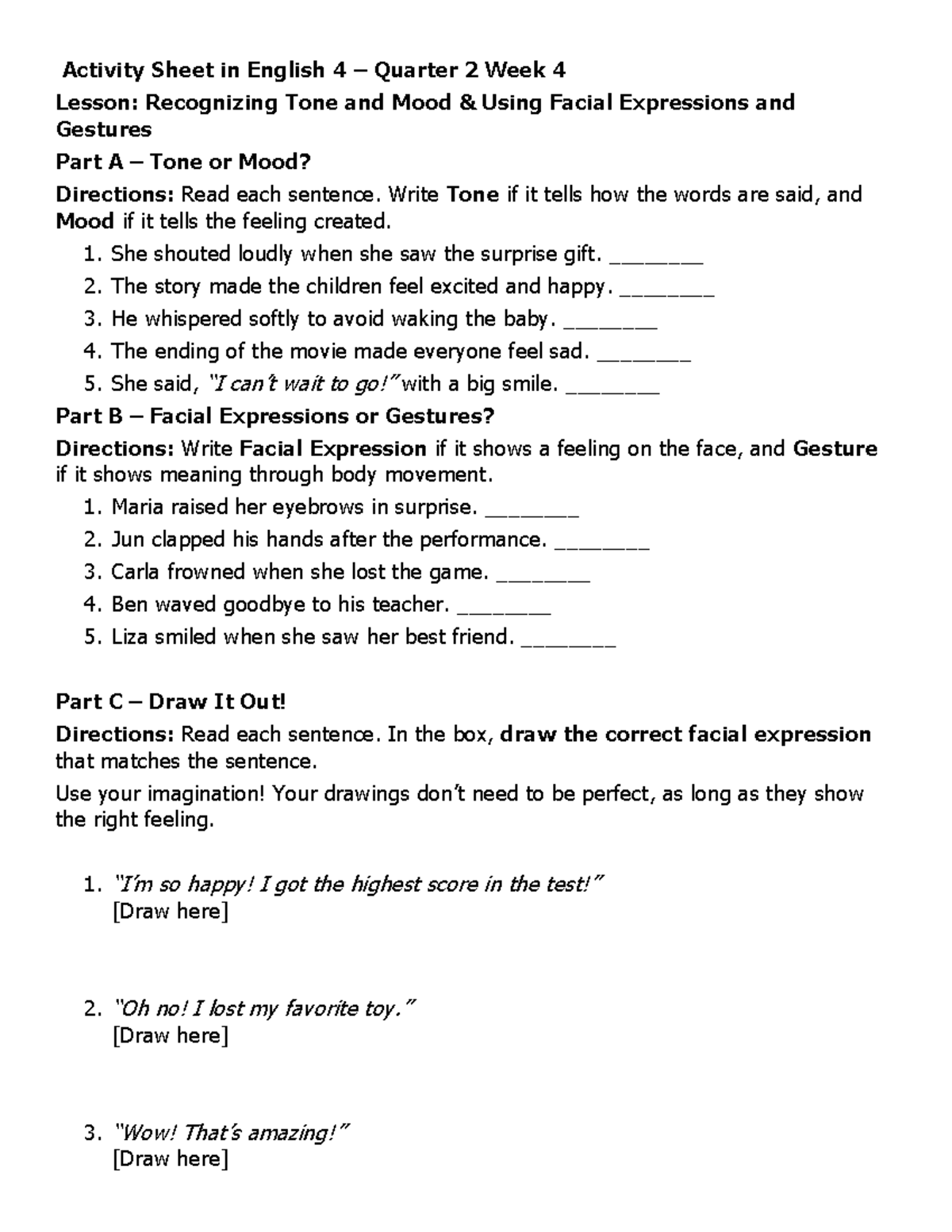 Activity Sheet: English 4 Q2 W4 - Tone, Mood, Gestures & Expressions ...