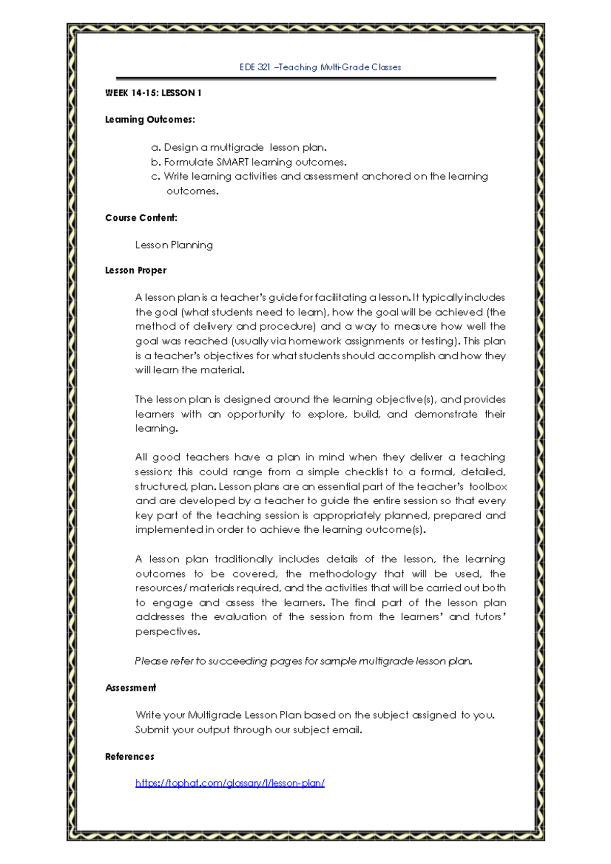 EDE 321 - Lesson 1: Daily Learning Plan for Multigrade Classes - Studocu