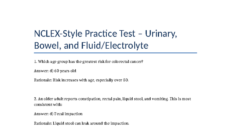 NCLEX Practice Test: Urinary & Bowel Concepts (Full 50) - Studocu