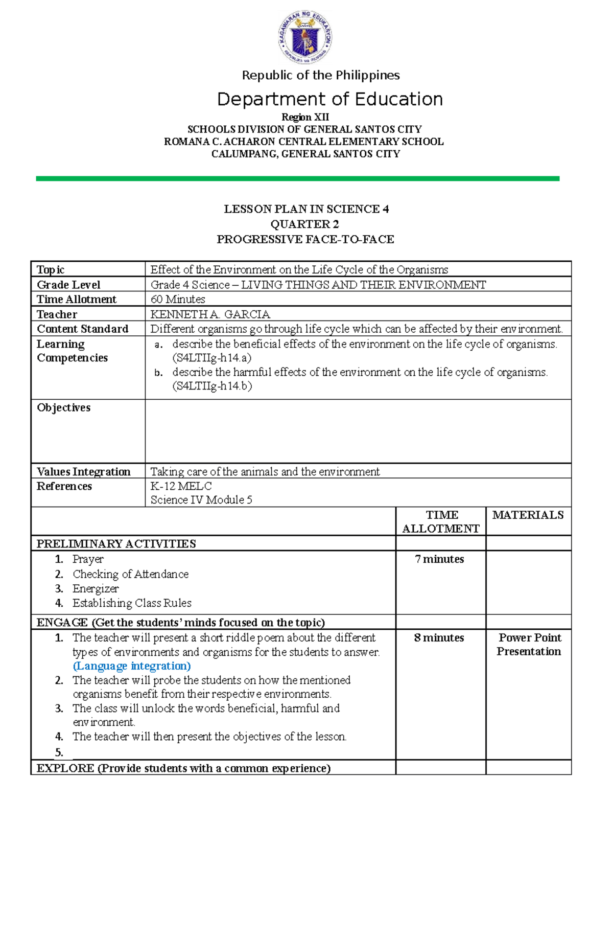 Science Lesson PLAN Format - Republic of the Philippines Department of ...