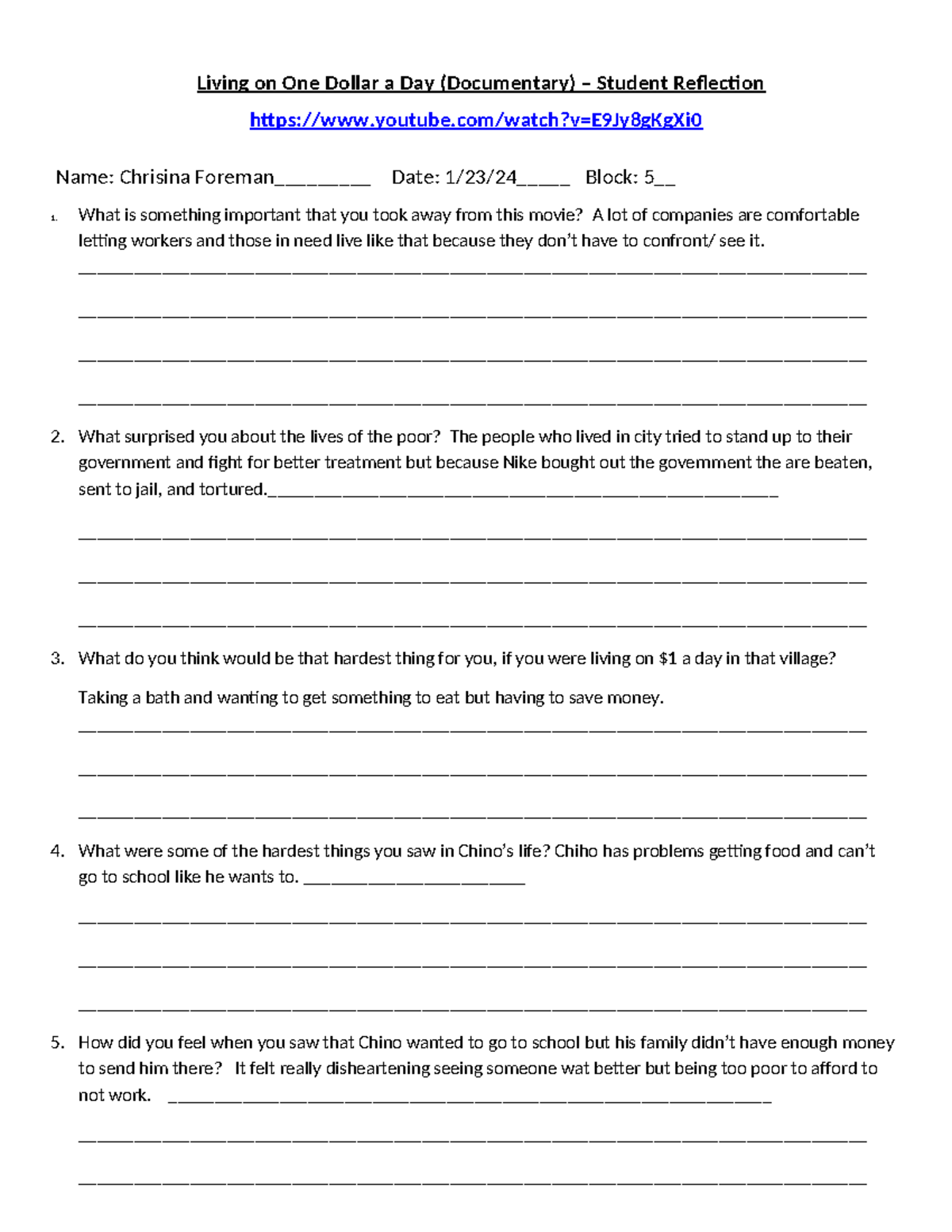 Living on One Dollar a Day Documentary Reflection Worksheet - Studocu