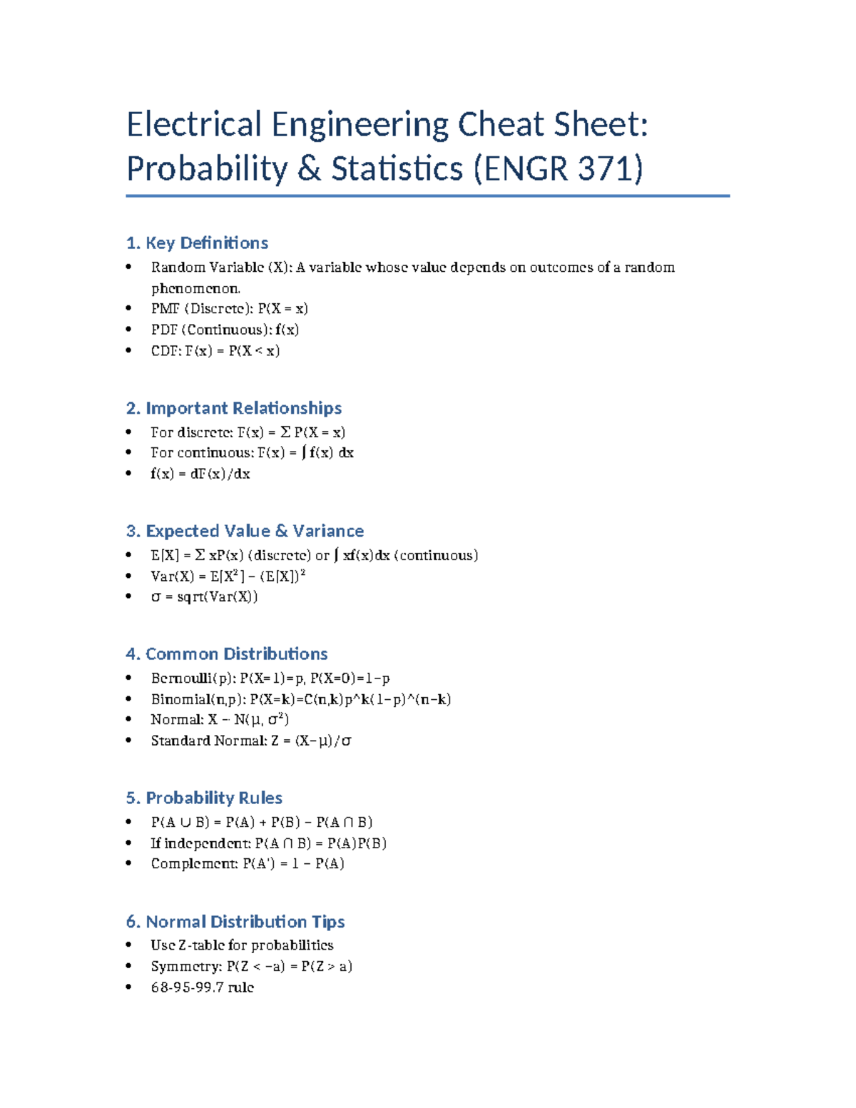 Probability Stats Cheat Sheet (ENGR 371) - Studocu