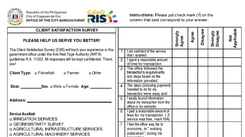 Client Satisfaction Survey (CSS) Under ARTA Guidelines R.A. 11032 - Studocu