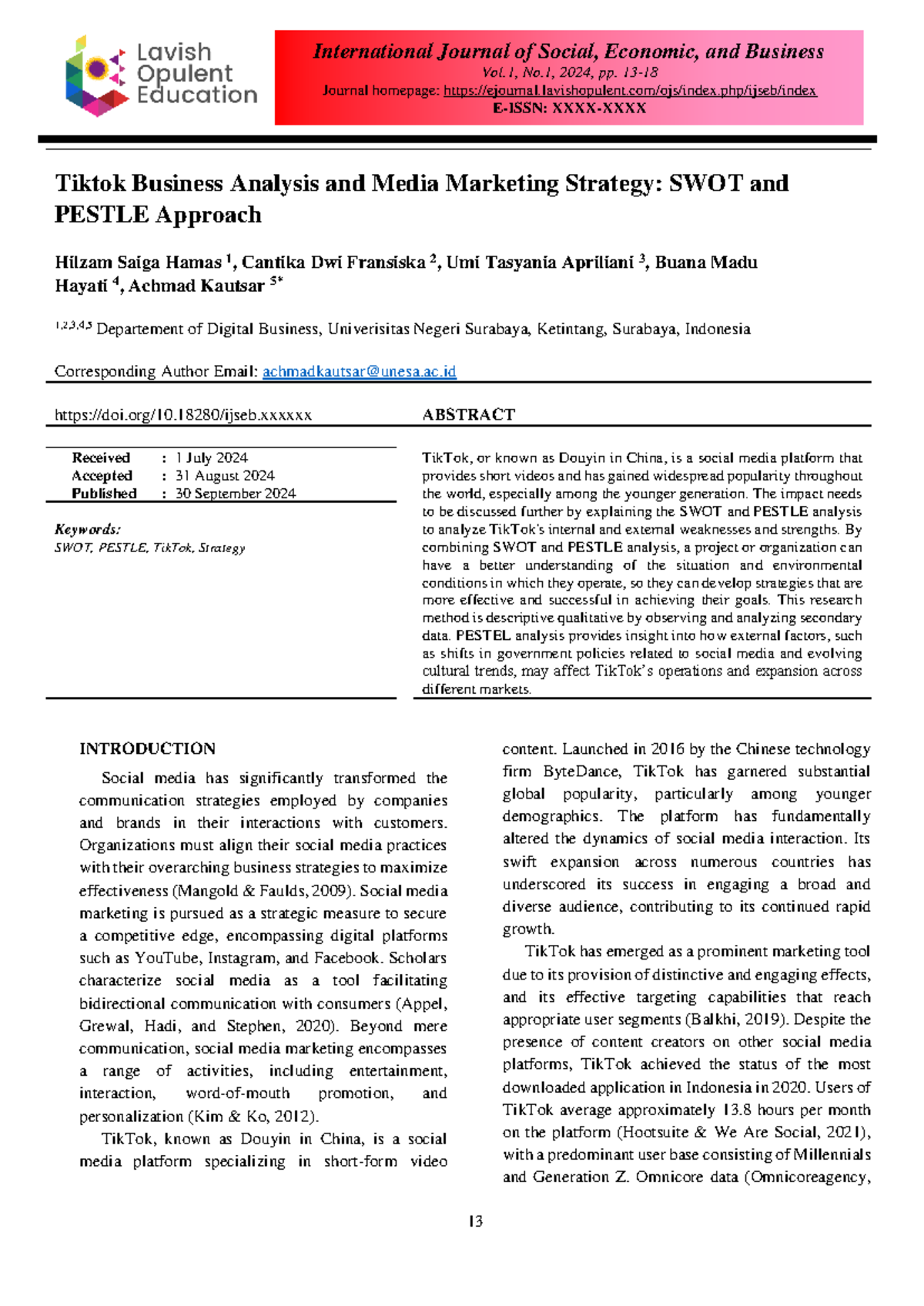 TikTok Business Analysis: SWOT & PESTLE Insights (Int. J. Soc. Econ ...