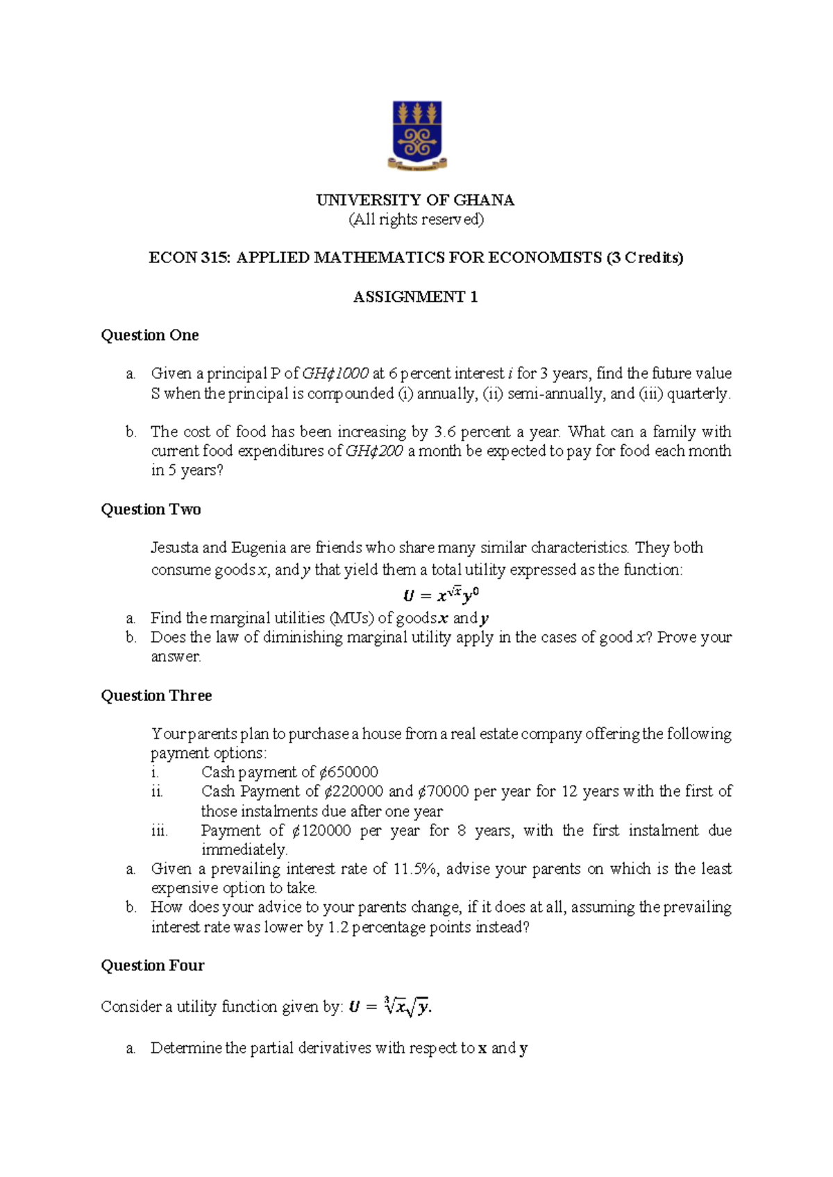 ECON 315: Applied Mathematics for Economists - Assignment 1 - Studocu