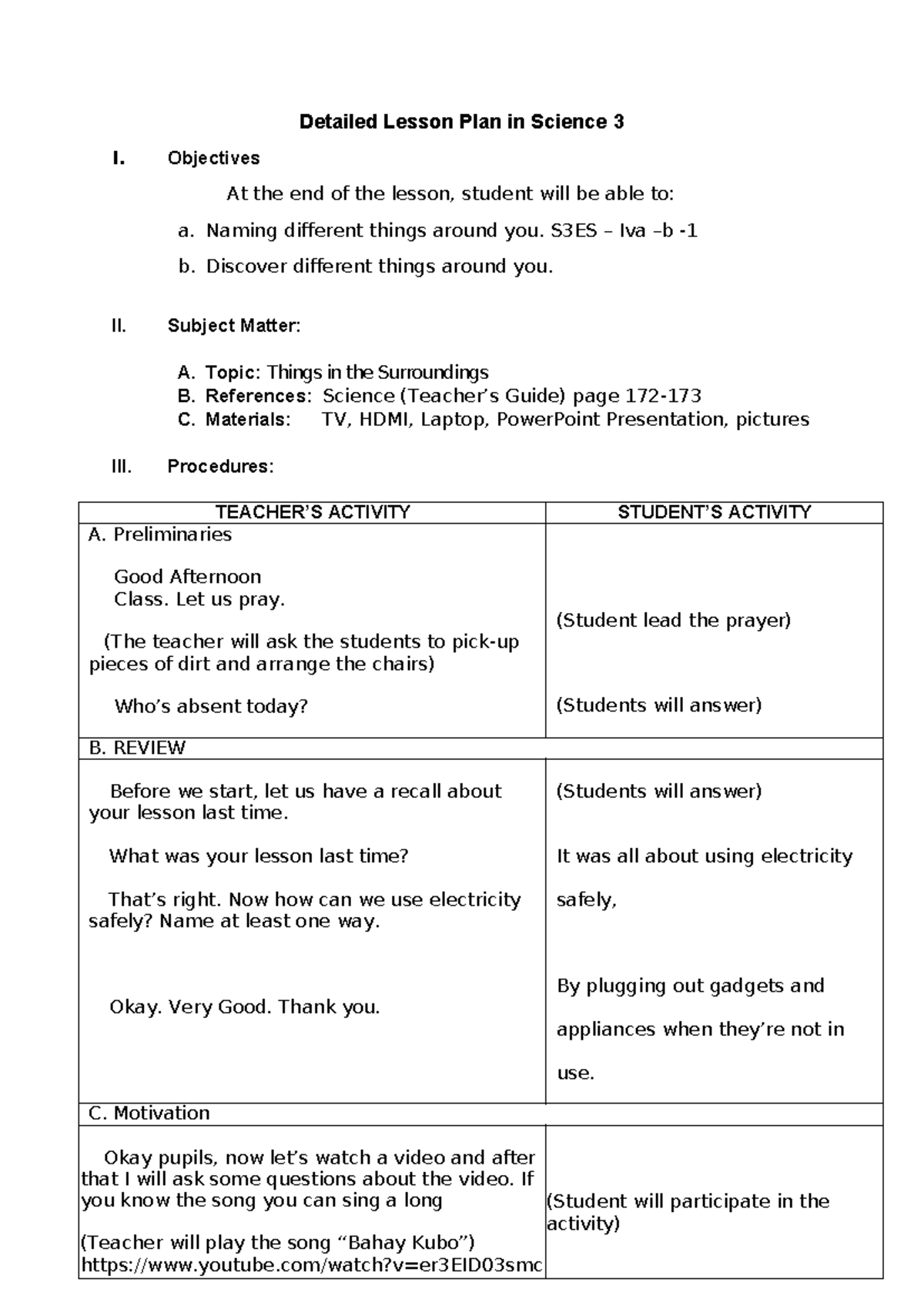 Detailed Lesson Plan: Things in the Surroundings (Science 3) - Studocu