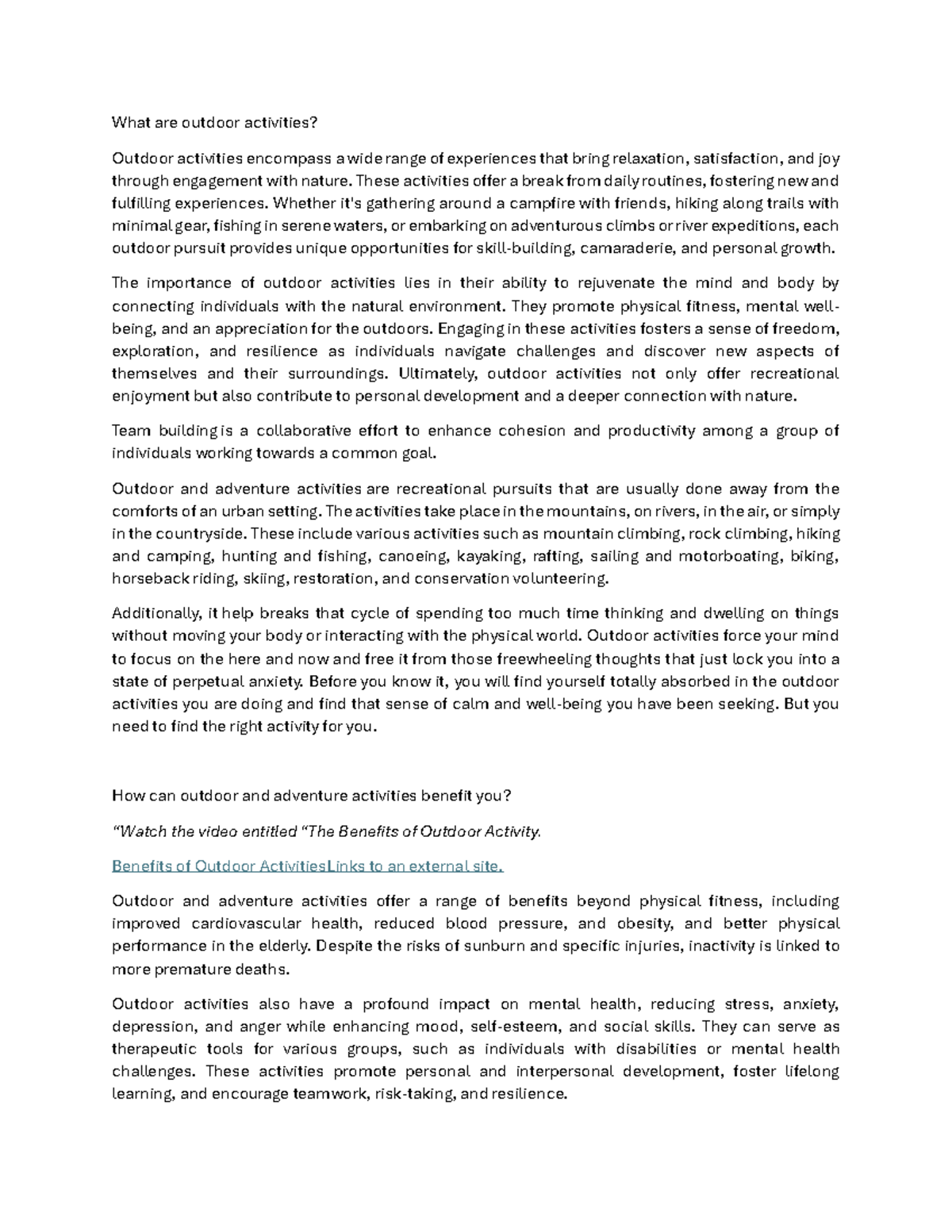 PE Notes: Benefits of Outdoor Activities for Personal Development - Studocu