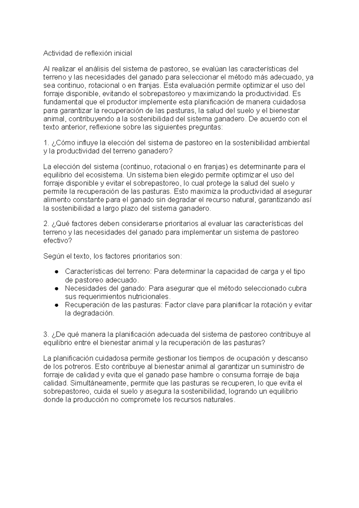 Reflexión Inicial sobre Sistemas de Pastoreo y Sostenibilidad - Studocu