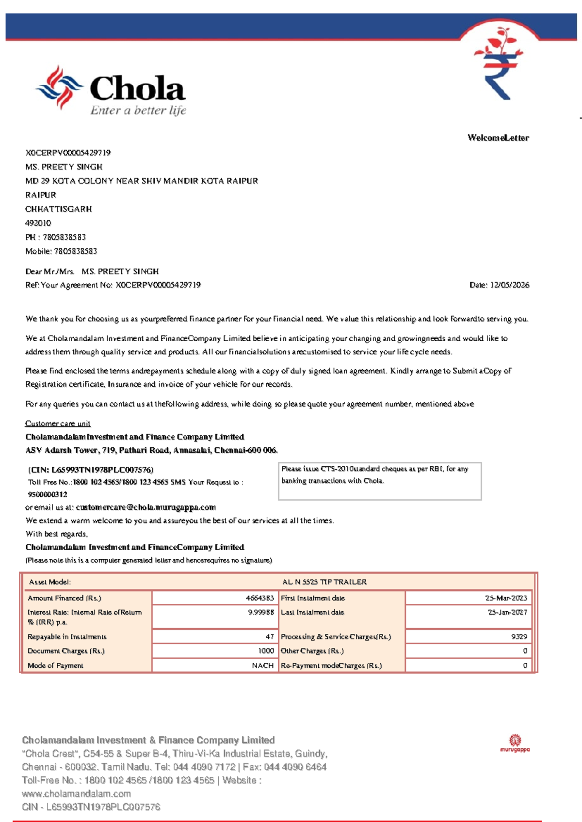 Welcome Letter for MS. PREETY SINGH - Cholamandalam Finance - Studocu