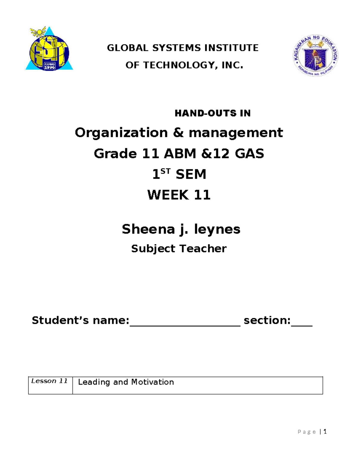 Lesson 11: Leading and Motivation in Org. Management (Grade 11 ABM GAS ...