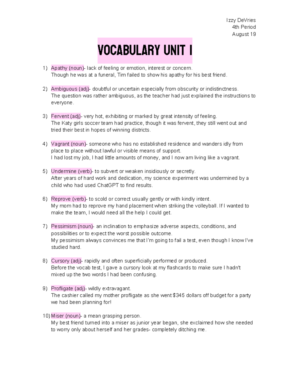 Vocab Unit 1: Key Terms and Definitions for 4th Period - Studocu