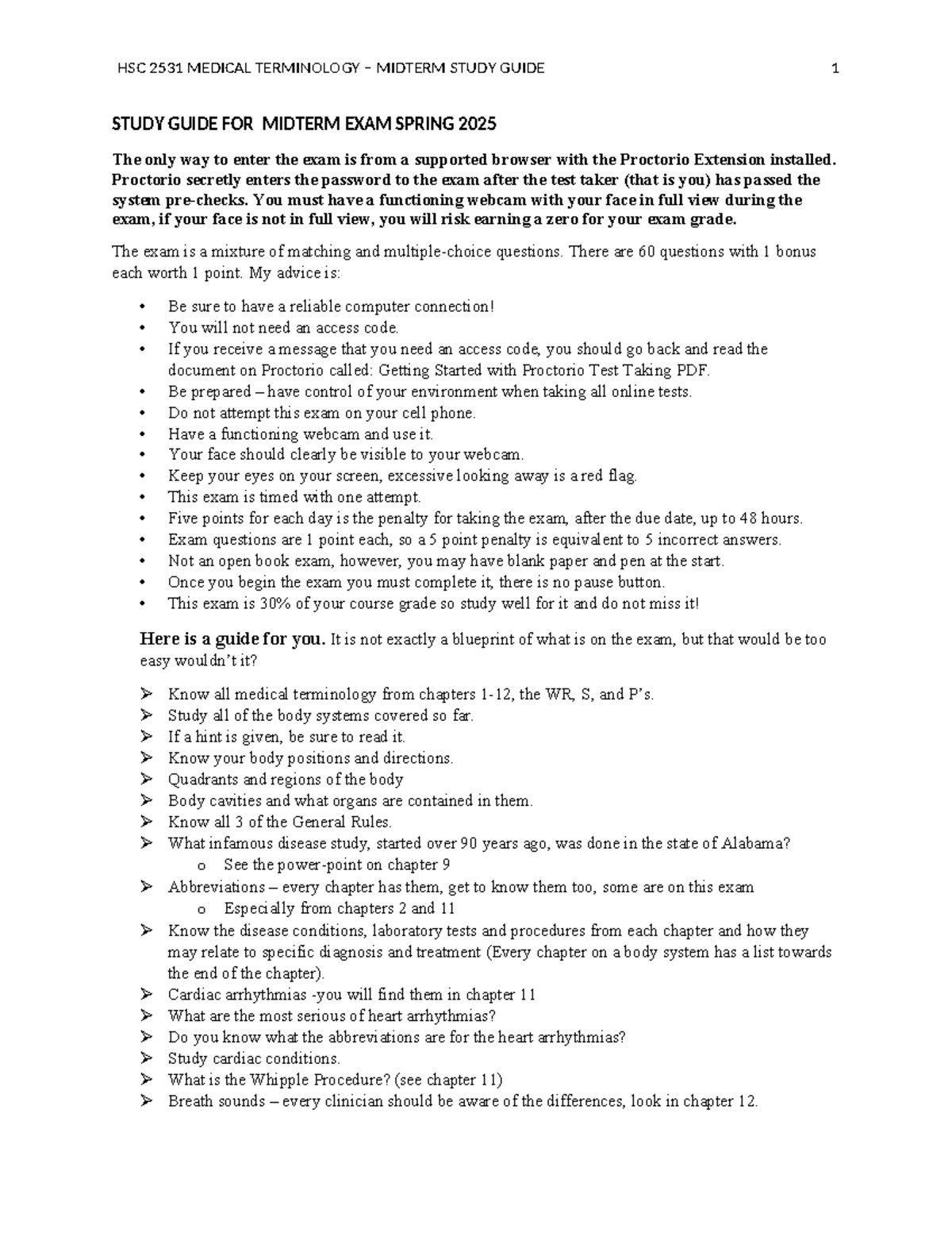 HSC 2531 Medical Terminology Midterm Study Guide Spring 2025 - Studocu