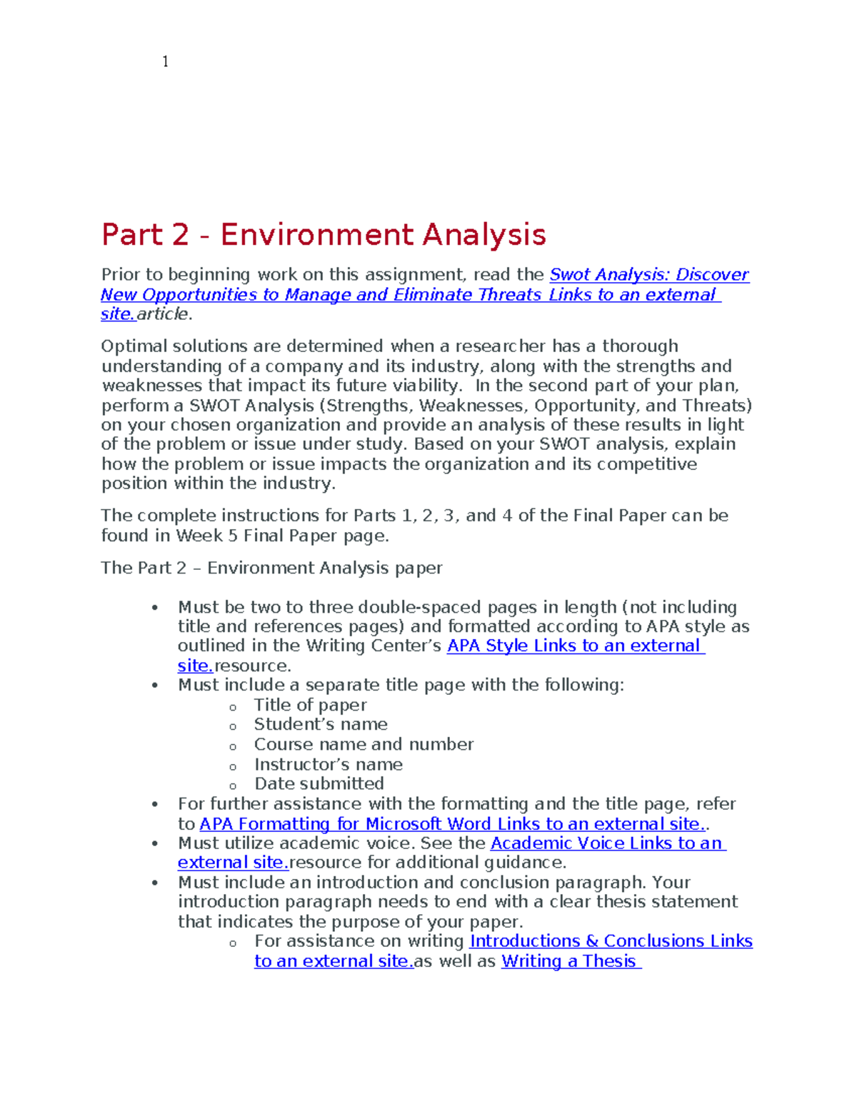 MGT490 Week 2 SWOT Analysis: Environmental Impact Assessment - Studocu
