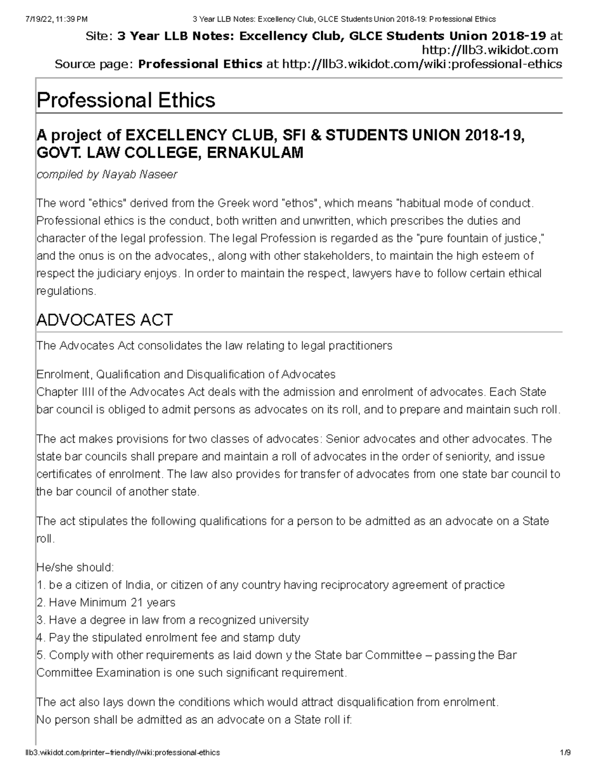 3 Year LLB Notes , GLCE Students Union 2018-19 Professional Ethics ...