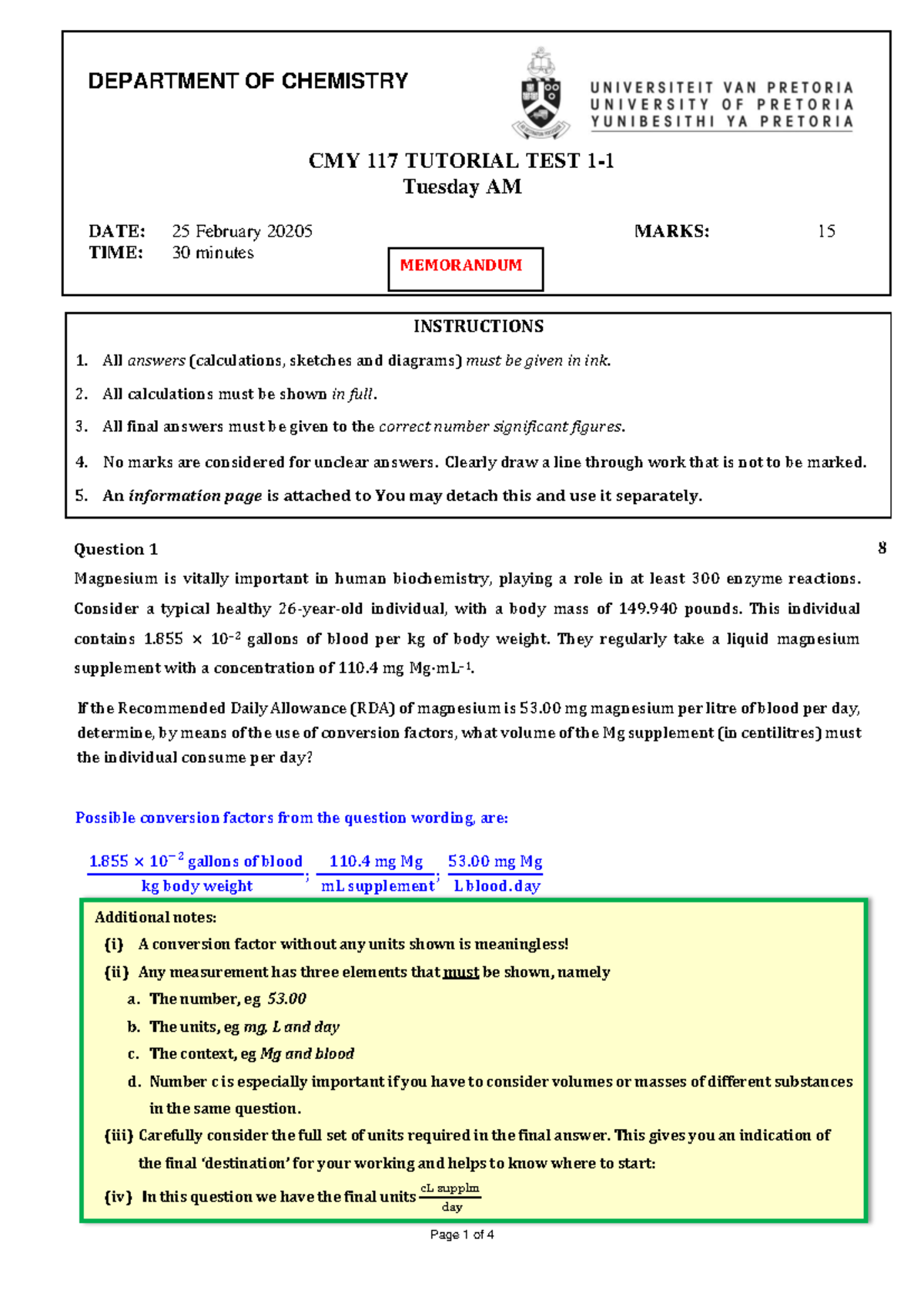 20250313 Test 1 1(MEMO V2) Annotated - DEPARTMENT OF CHEMISTRY CMY 1 17 ...