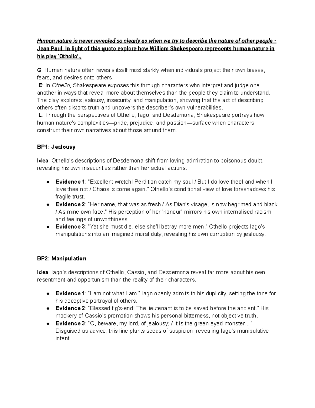 Othello Essay Scaffold: Exploring Human Nature in Shakespeare's Play ...