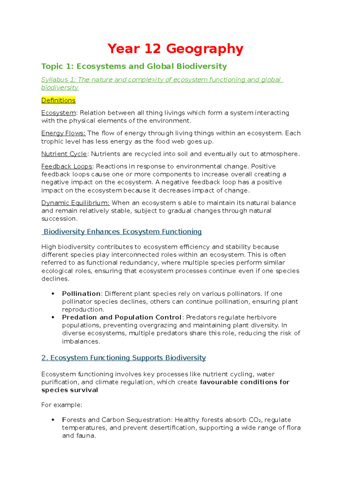 Year 12 Geography Notes: Ecosystems & Global Biodiversity Overview ...