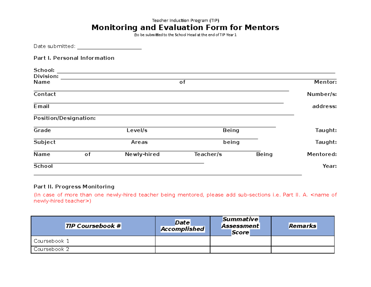 TIP IPBT-M E-for-Mentors - Monitoring and Evaluation Form for Mentors ...