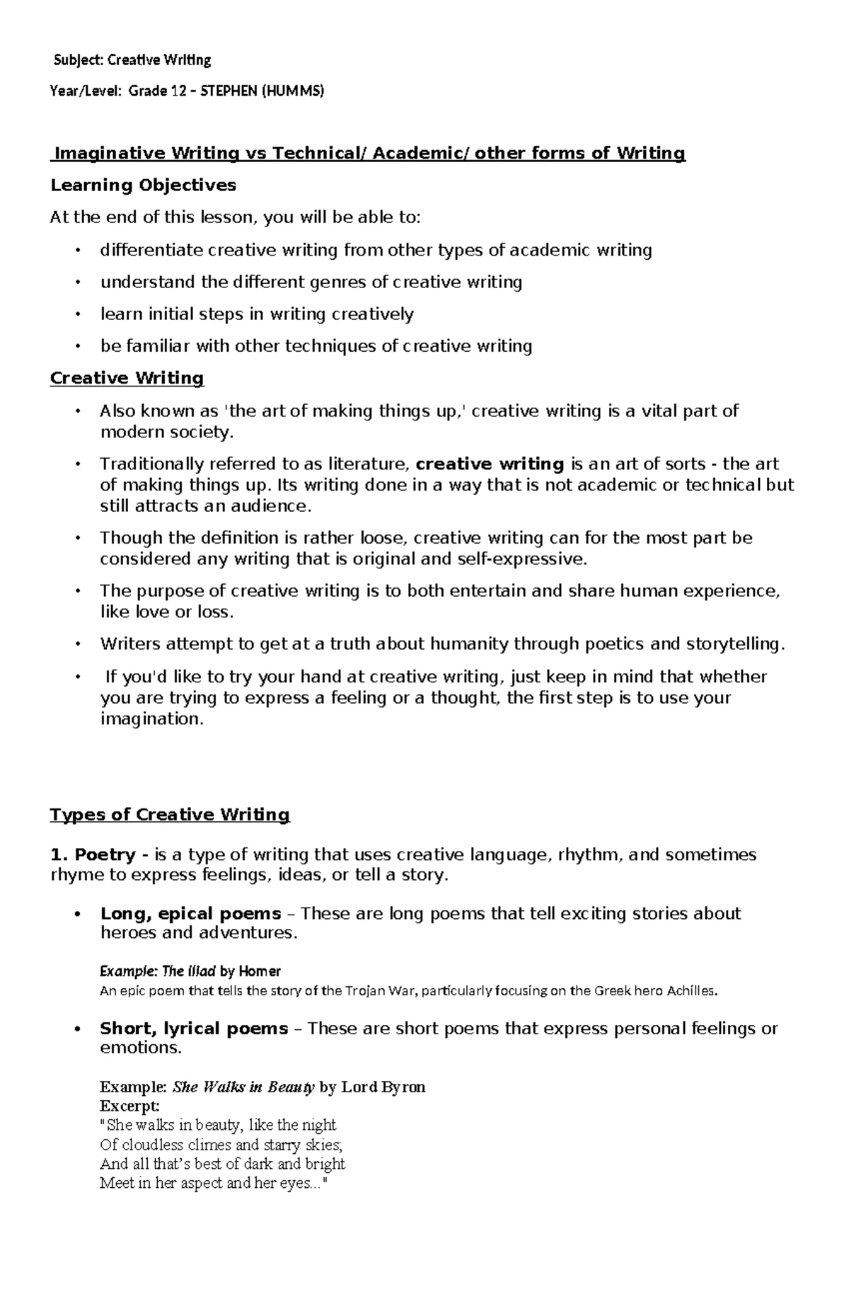 Grade 12 HUMMS Creative Writing: Imaginative vs. Academic Writing - Studocu