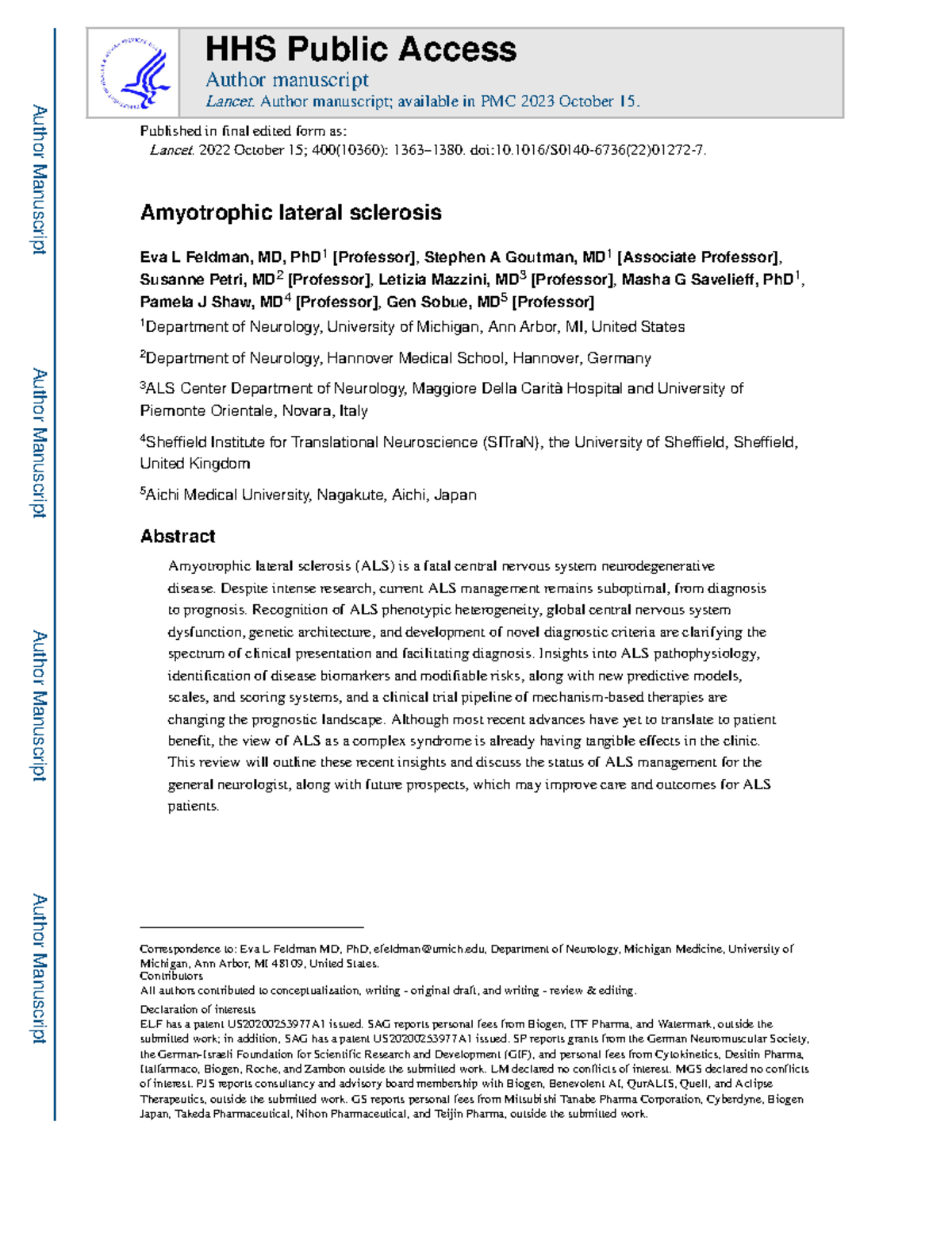 HHS Public Access Manuscript: Insights on ALS Management and Prognosis ...