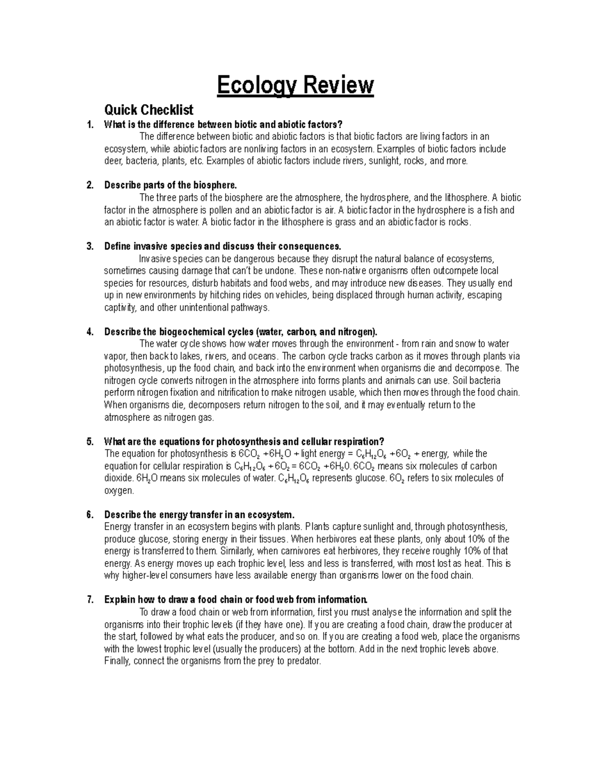 Ecology Review Questions: Biotic vs. Abiotic Factors and More - Studocu