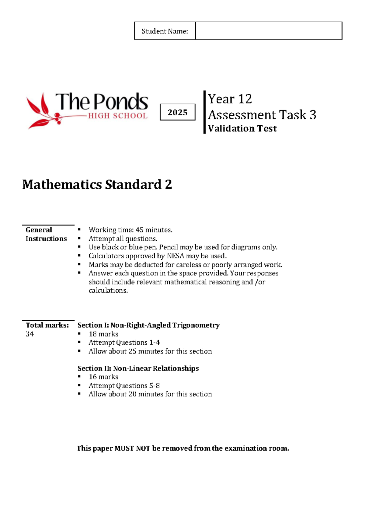 2025 Year 12 Mathematics Standard 2 Assessment Task 3 Validation Test ...