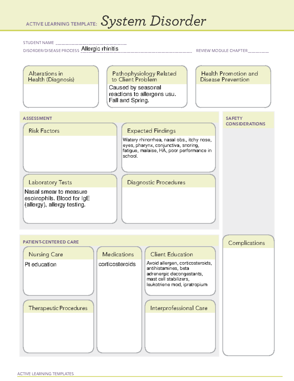 Allergic Rhinitis: Active Learning Template for System Disorder - Studocu