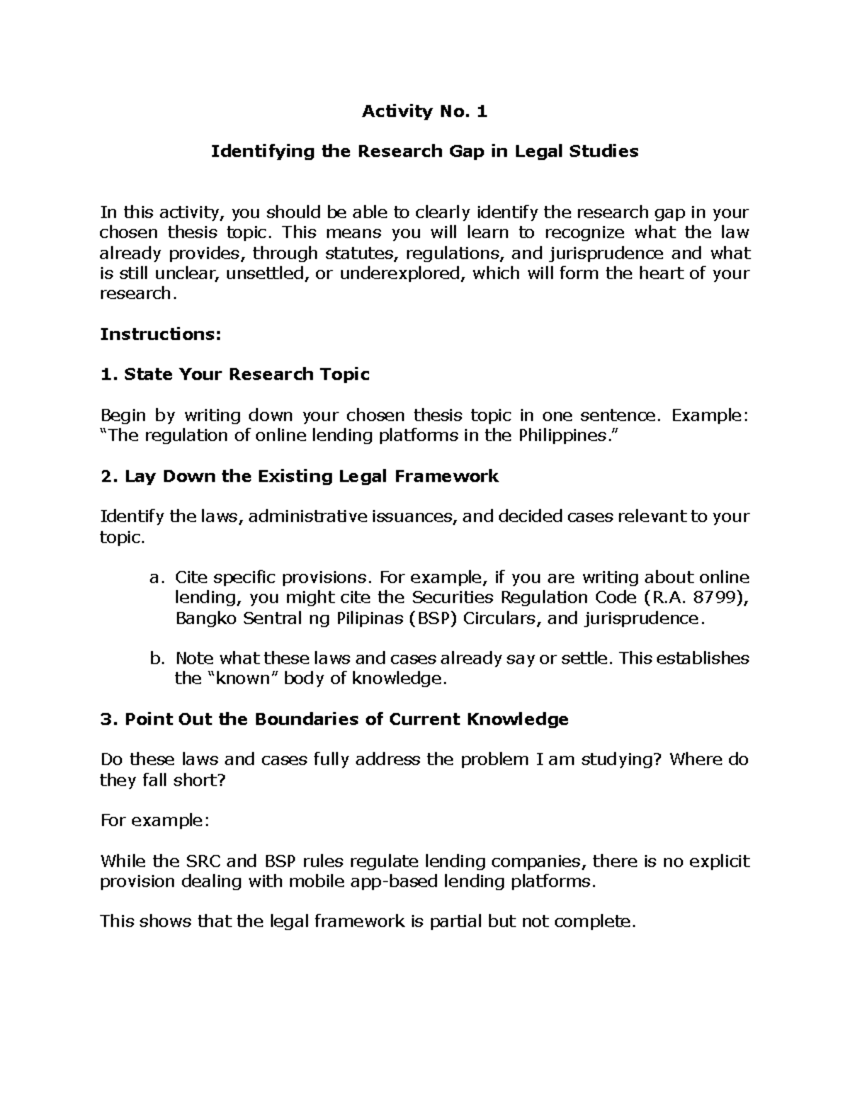 Activity No. 1: Identifying Research Gaps in Legal Studies - Studocu