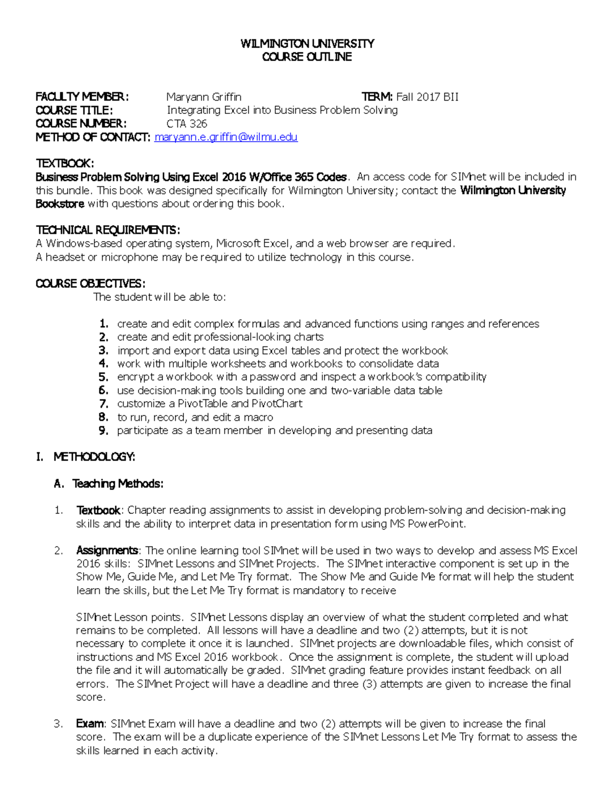 Syllabus for CTA 326: Integrating Excel into Business Problem Solving ...