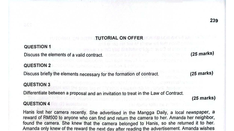 239 LAW OF CONTRACT TUTORIAL: Valid Contracts & Case Studies - Studocu