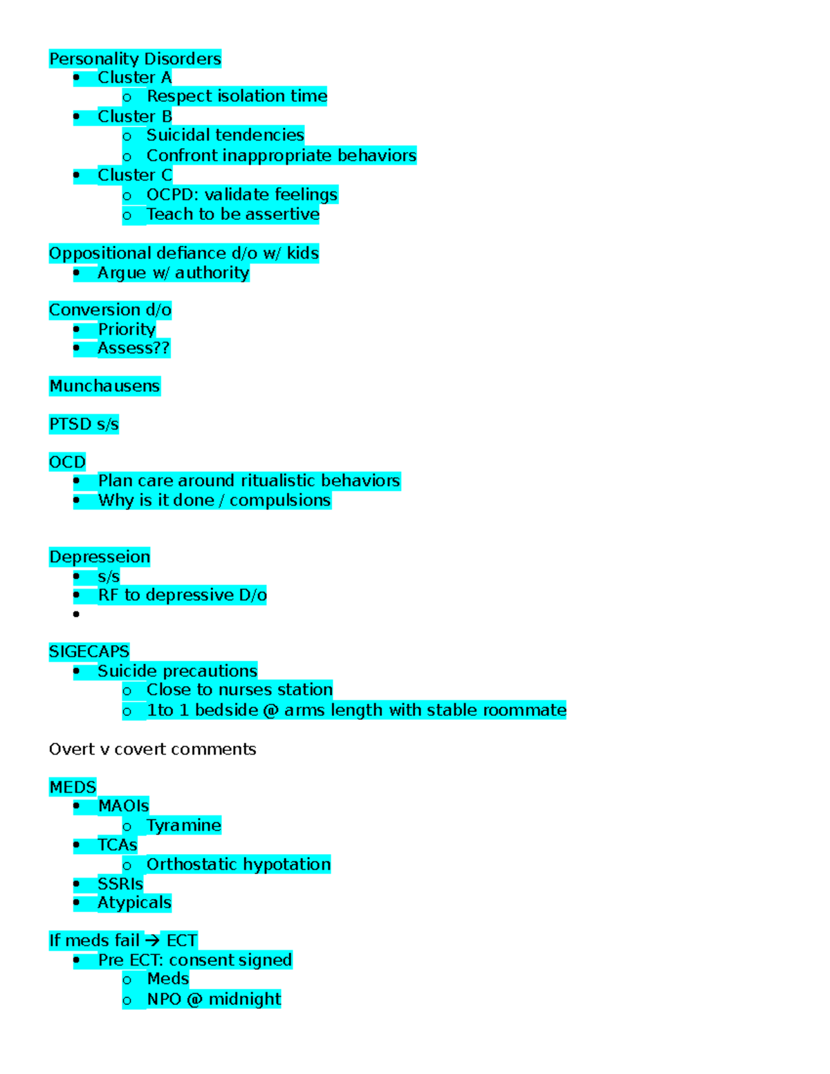Final Study Guide: Personality Disorders, Meds, and Nursing Care ...