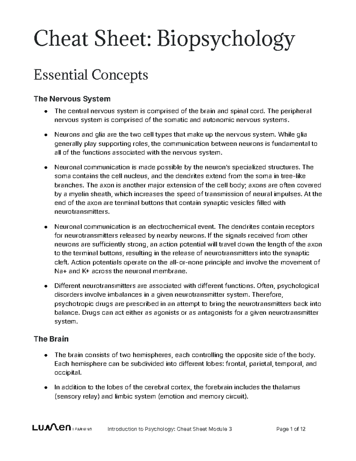 Introduction to Psychology: Cheat Sheet for Module 3 - Biopsychology ...
