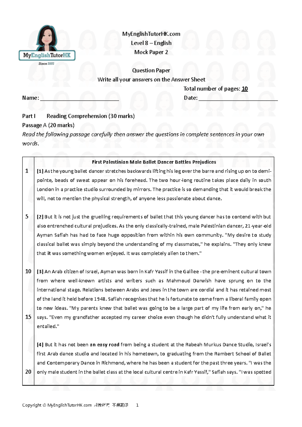 S1 ENG Reading Paper 2 - Mock Exam Questions and Answers - Studocu