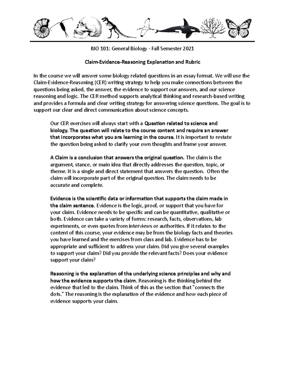 BIO 101 In-Class Assignment #1: Claim-Evidence-Reasoning (CER) Guide ...