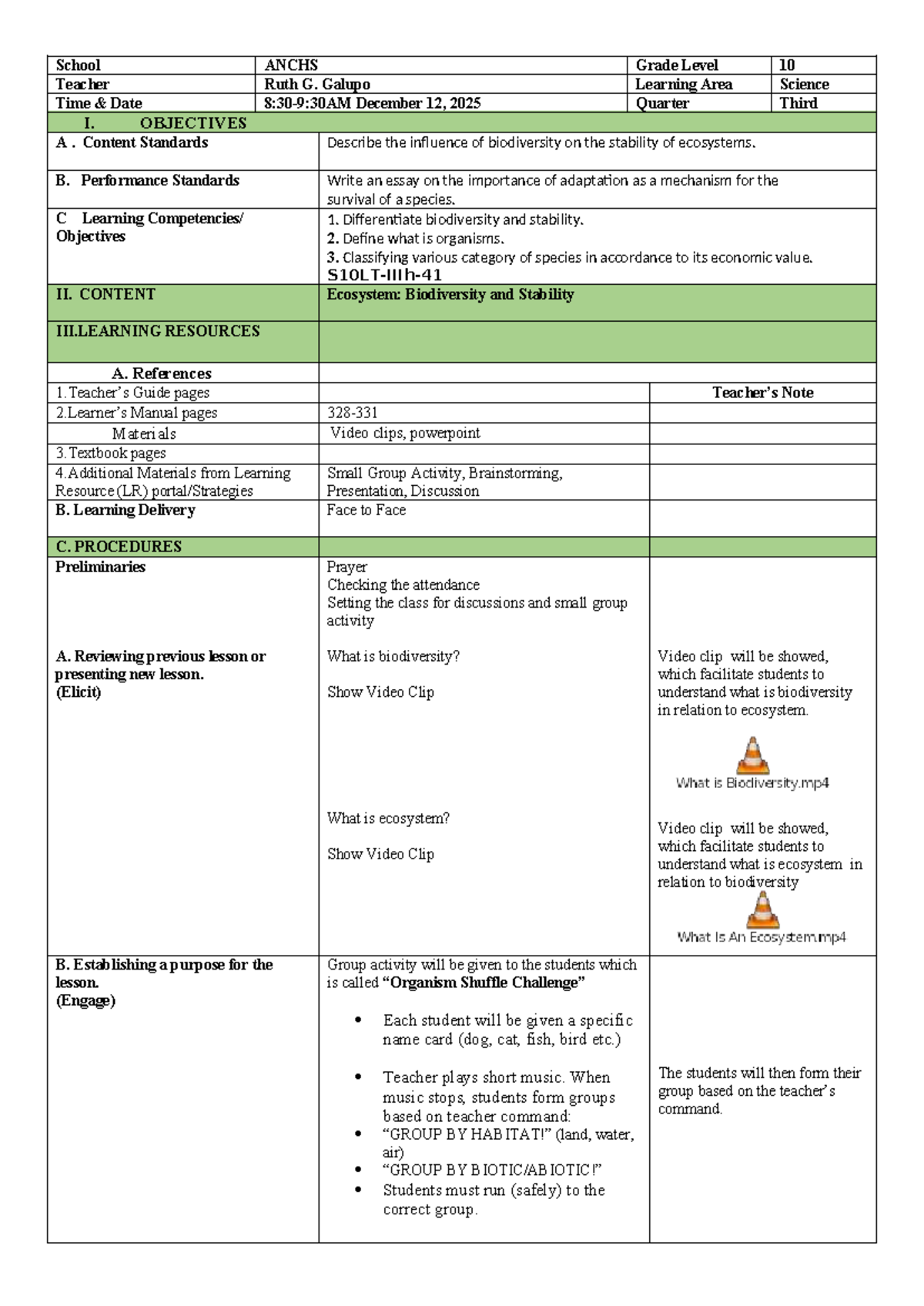 Biodiversity and Ecosystem Stability: Lesson Plan for Grade 10 Science ...