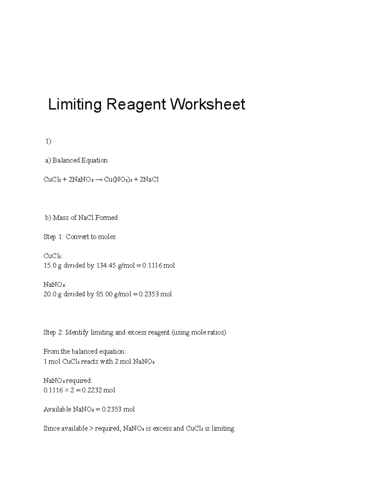 Limiting Reagent Worksheet: Stoichiometry & Yield Calculations - Studocu